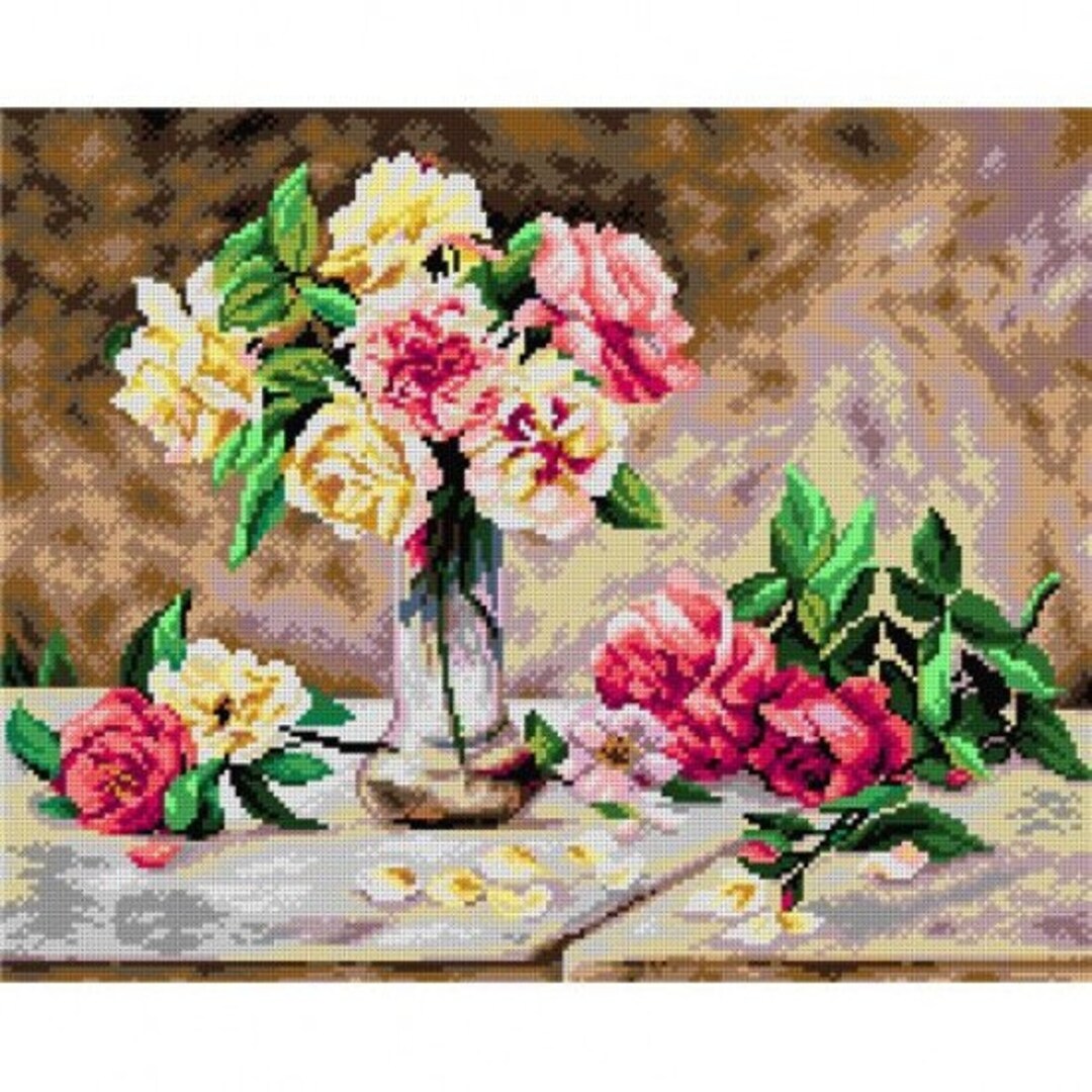 TAPESTRY CANVAS Still Life of Pink and Yellow Roses After Emile Vernon ...