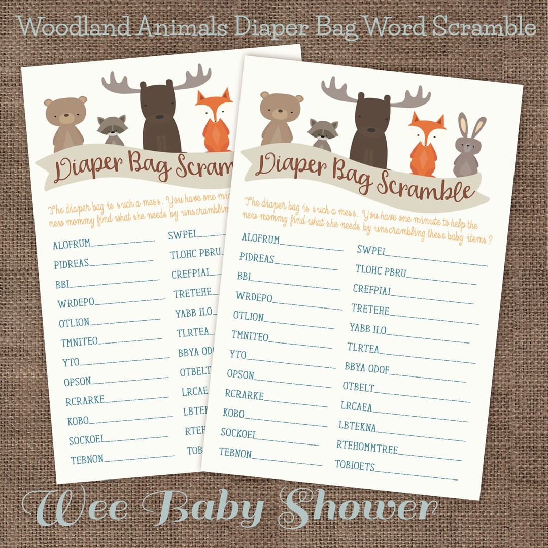 Baby Shower Game Woodland Animals Diaper Bag Word Scramble Game - Etsy
