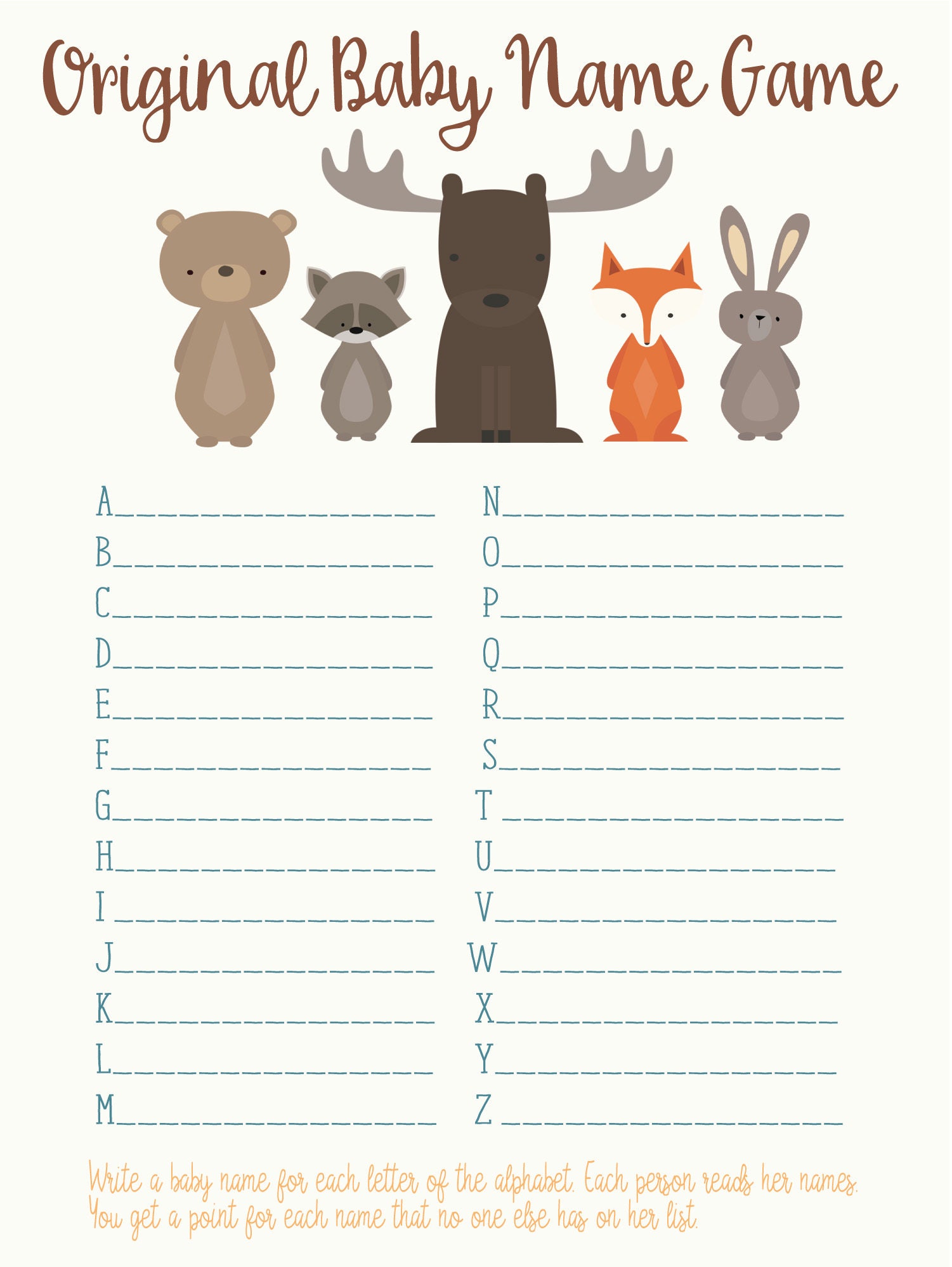 Baby Shower Game Woodland Animals Original Baby Name Game | Etsy