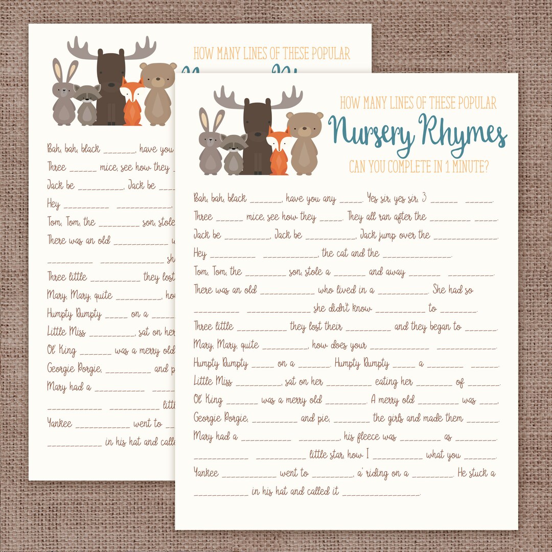 Baby Shower Game Woodland Animals Nursery Rhyme Game - Etsy