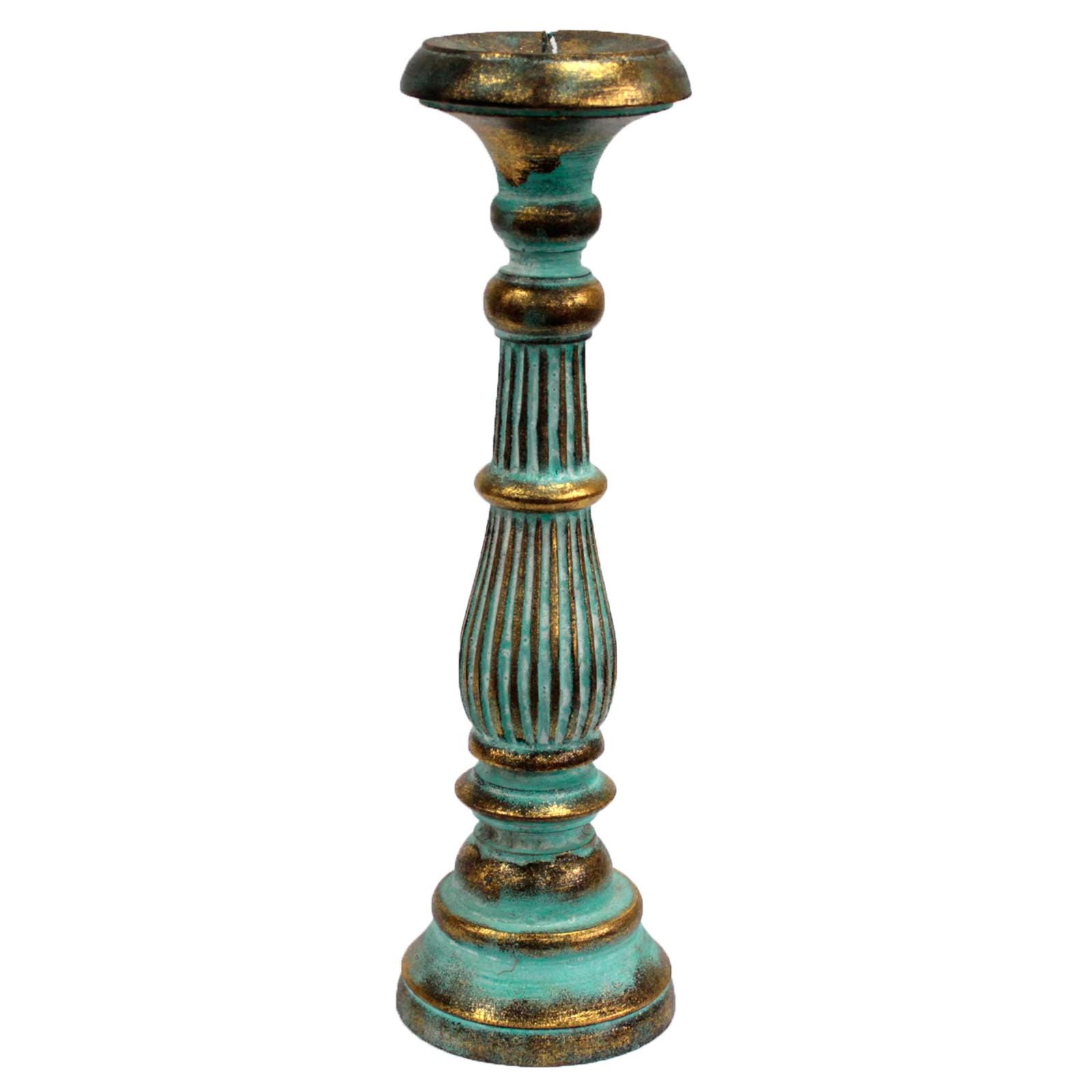 Vintage Style Handmade Wooden Pillar Candle Sticks - Turquoise & Gold ...