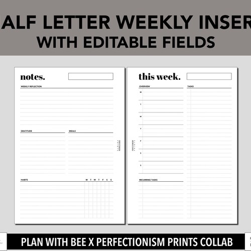 PRINTABLE Weekly Planner Insert Half Letter Horizontal Week - Etsy