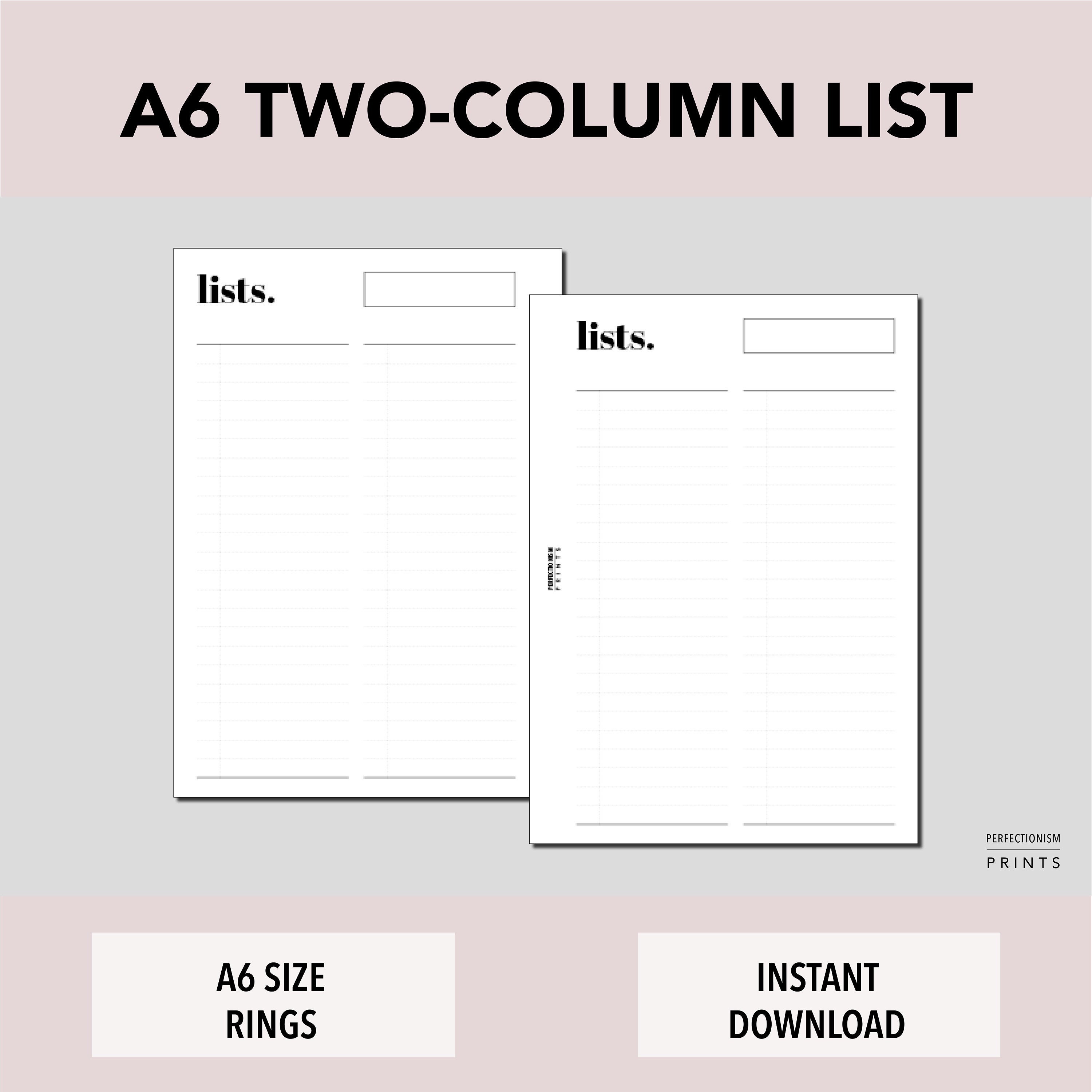 A6 RINGS Two Column List, PRINTABLE Planner Insert, to Do List ...