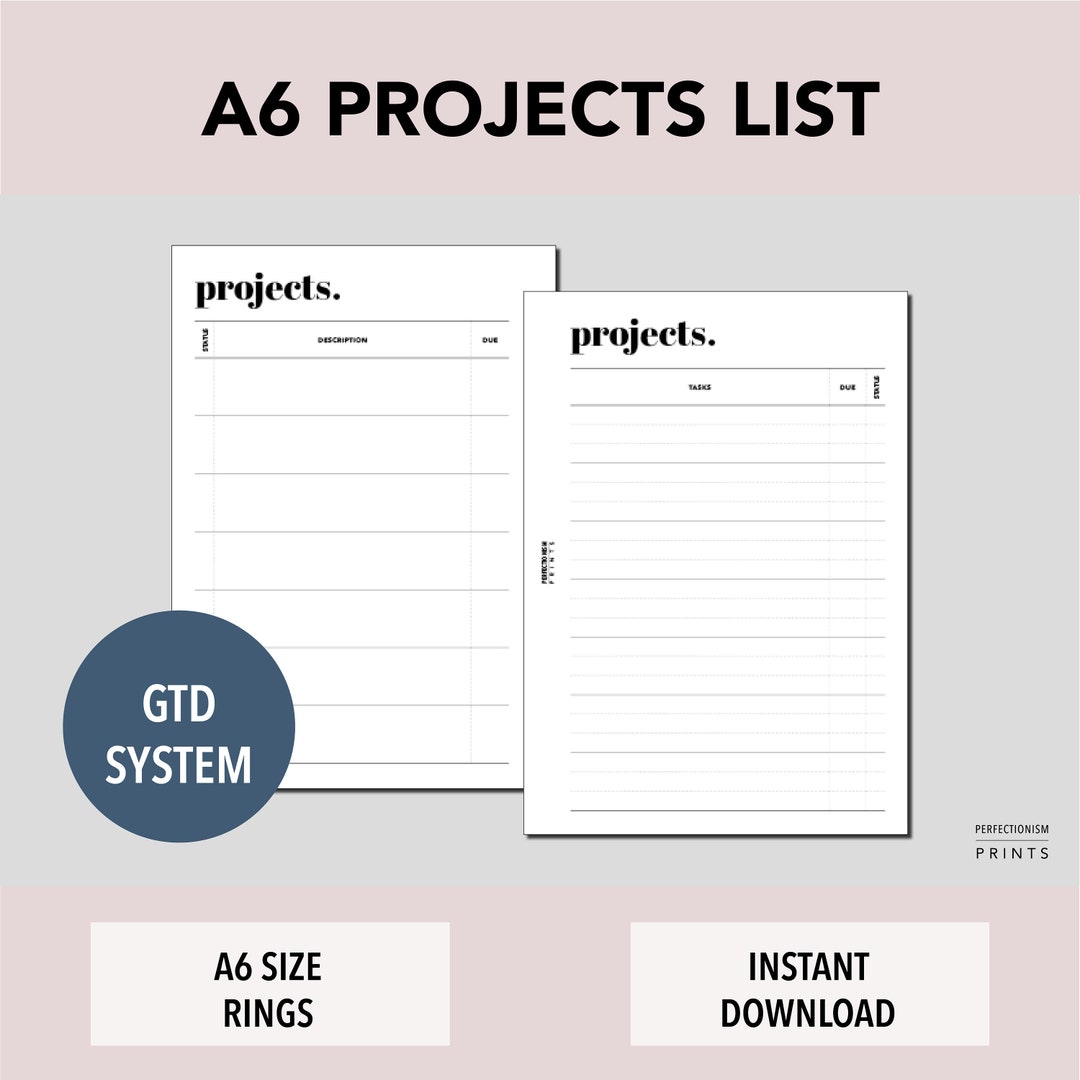 A6 RINGS Projects, PRINTABLE Planner Insert, Short Projects, GTD ...