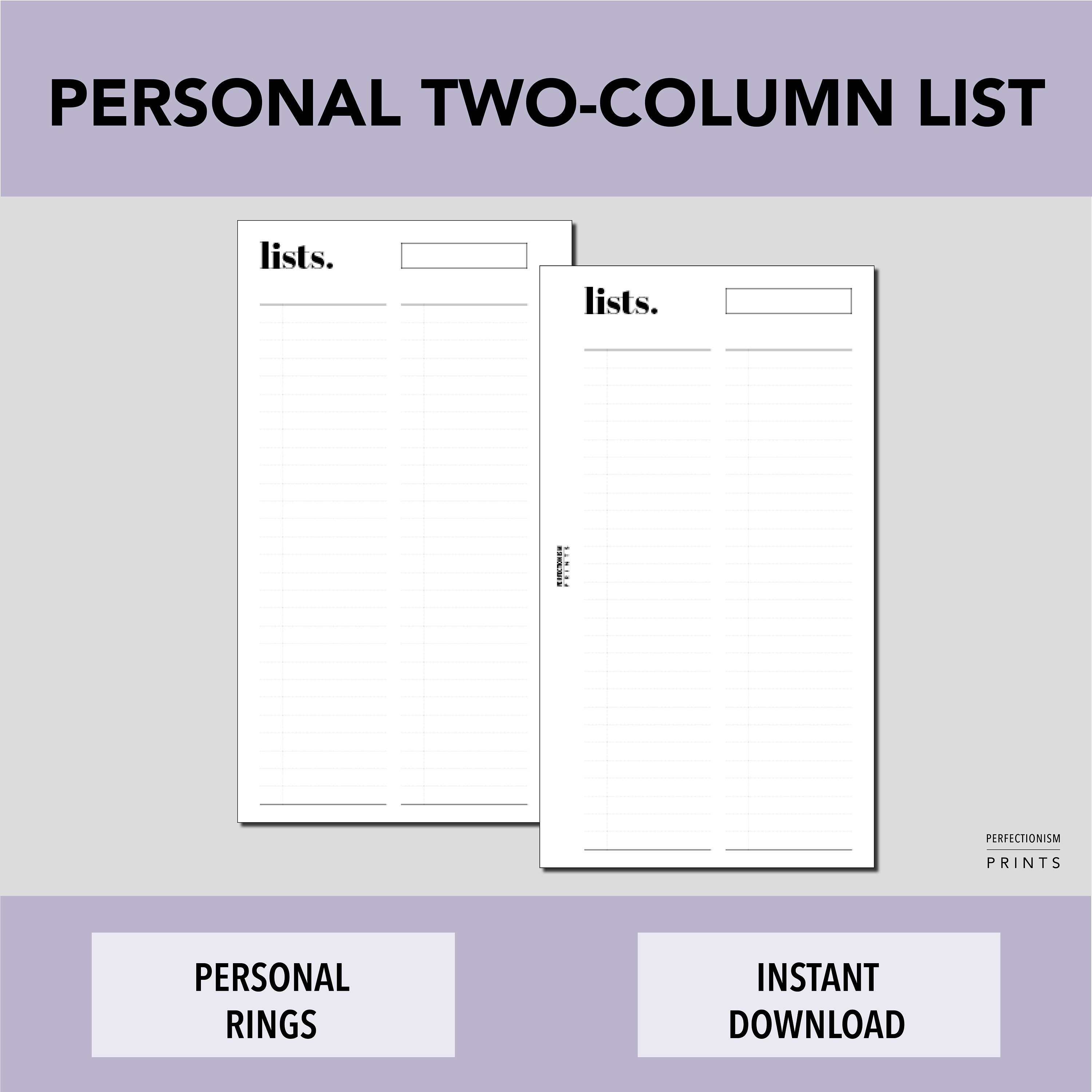 PERSONAL RINGS Two Column List, PRINTABLE Planner Insert, to Do List ...
