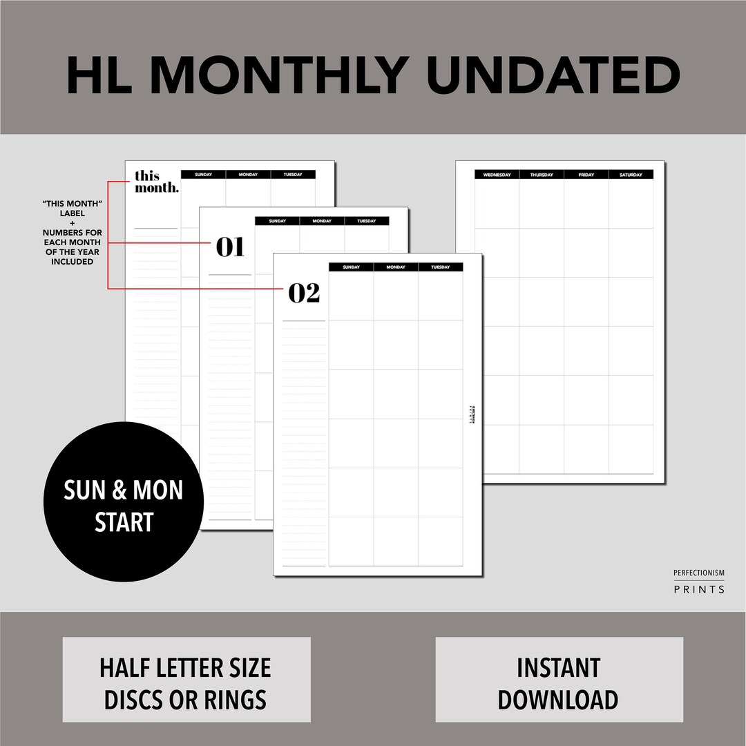 HALF Letter Monthly Undated Calendar, PRINTABLE Planner Insert, Month ...