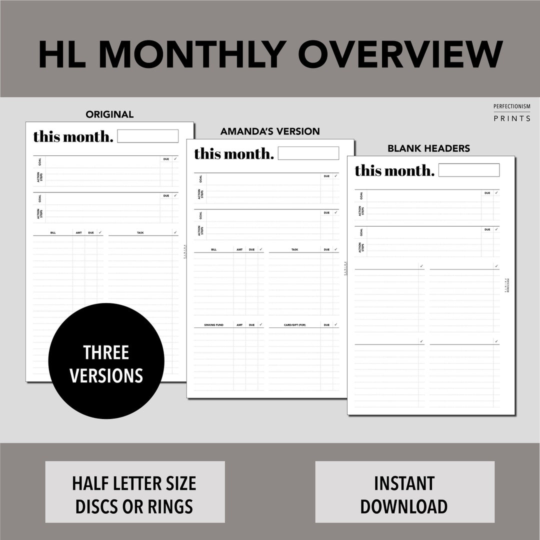 HALF Letter Monthly Overview, PRINTABLE Planner Insert, Monthly ...