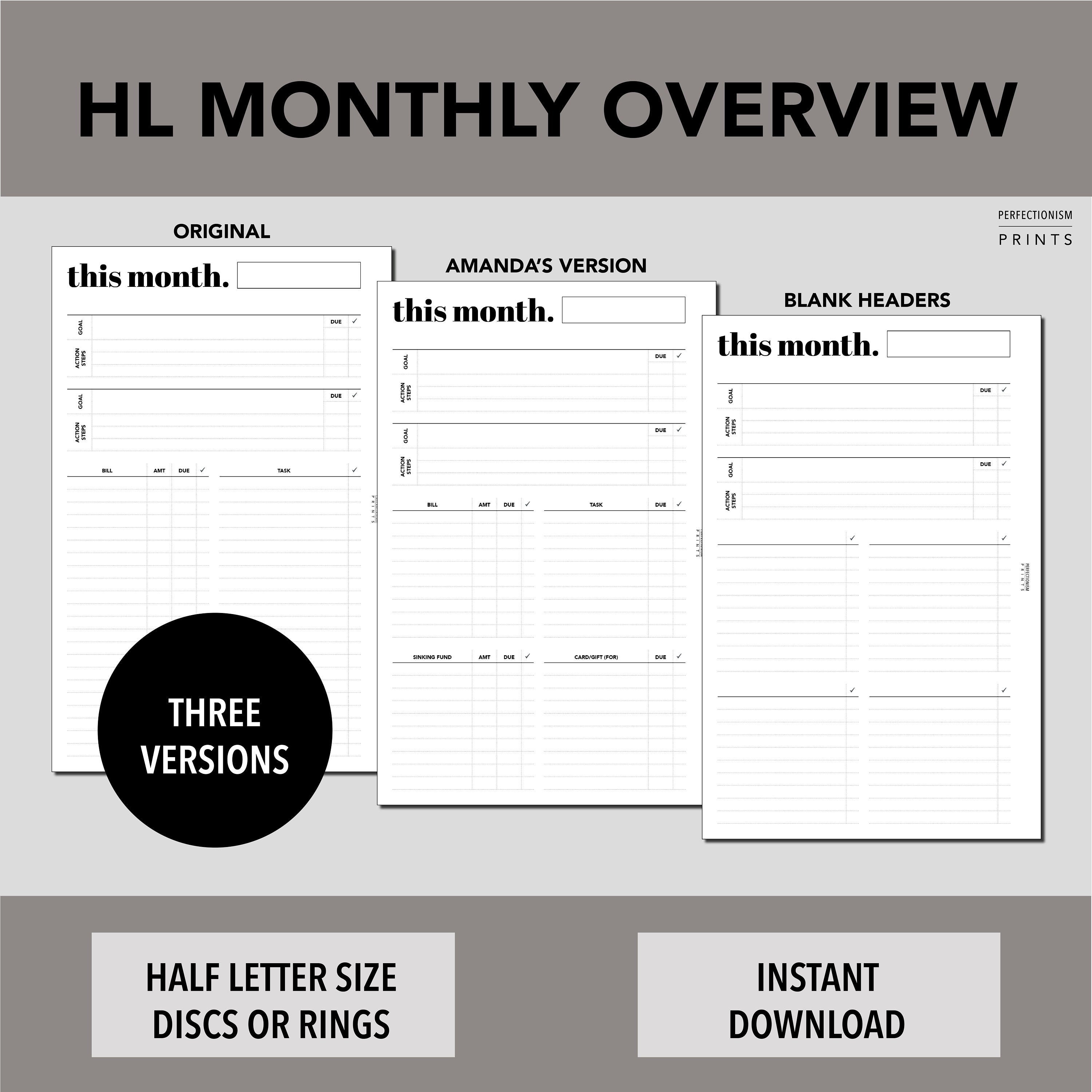 HALF Letter Monthly Overview, PRINTABLE Planner Insert, Monthly ...