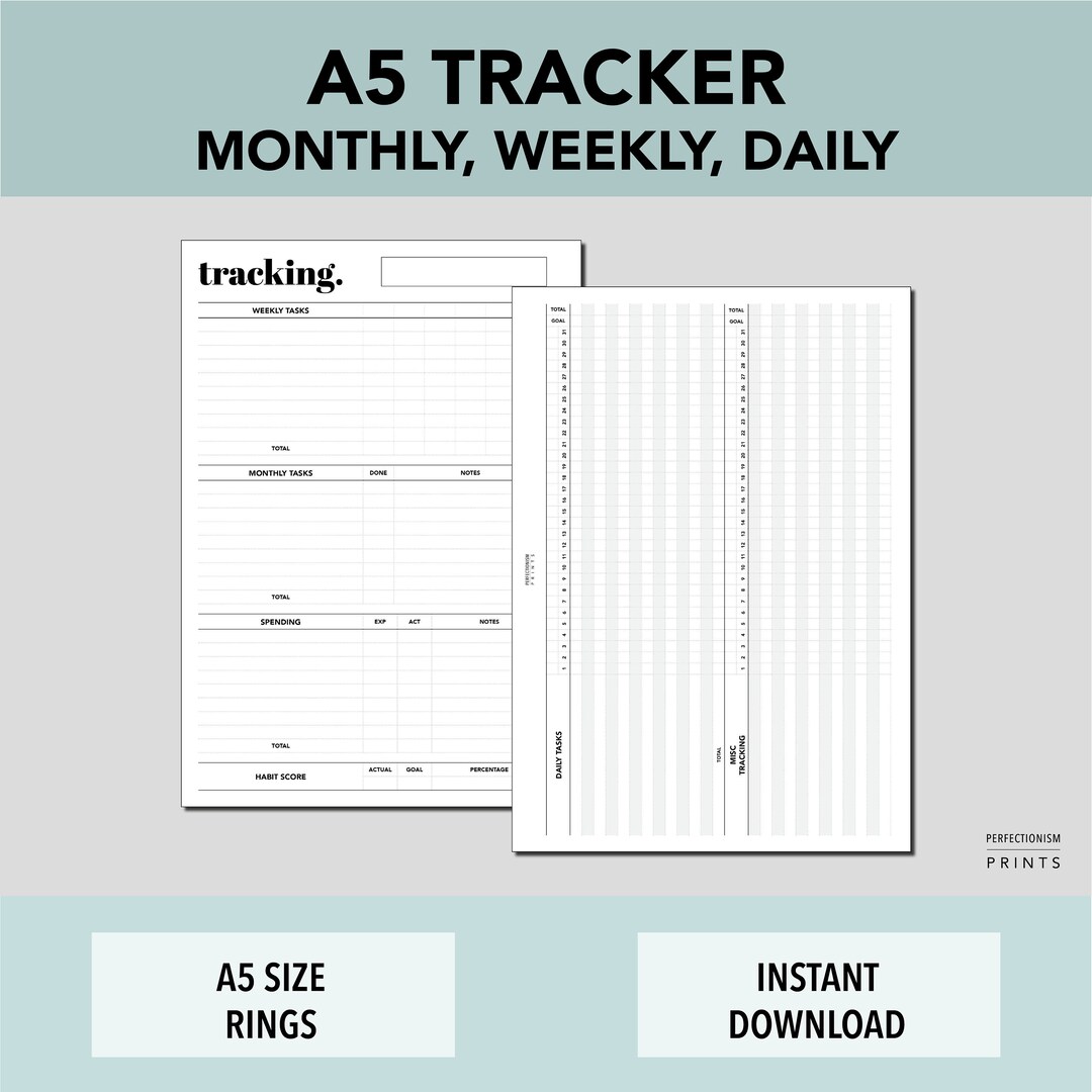 A5 RINGS Habit Tracker, PRINTABLE Planner Insert, Monthly Weekly Daily ...