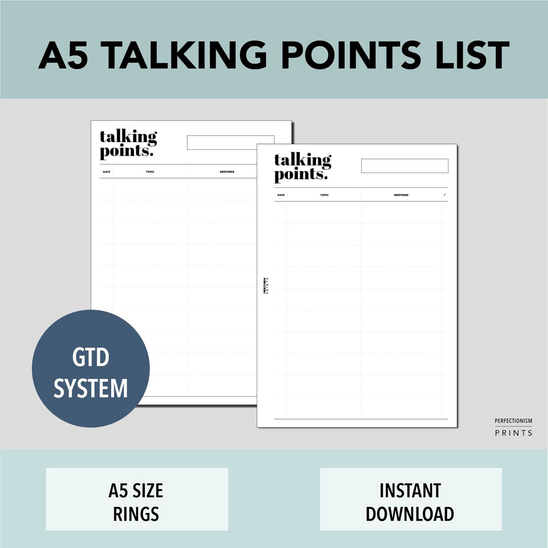 A5 RINGS Talking Points List, PRINTABLE Planner Insert, GTD Inspired ...