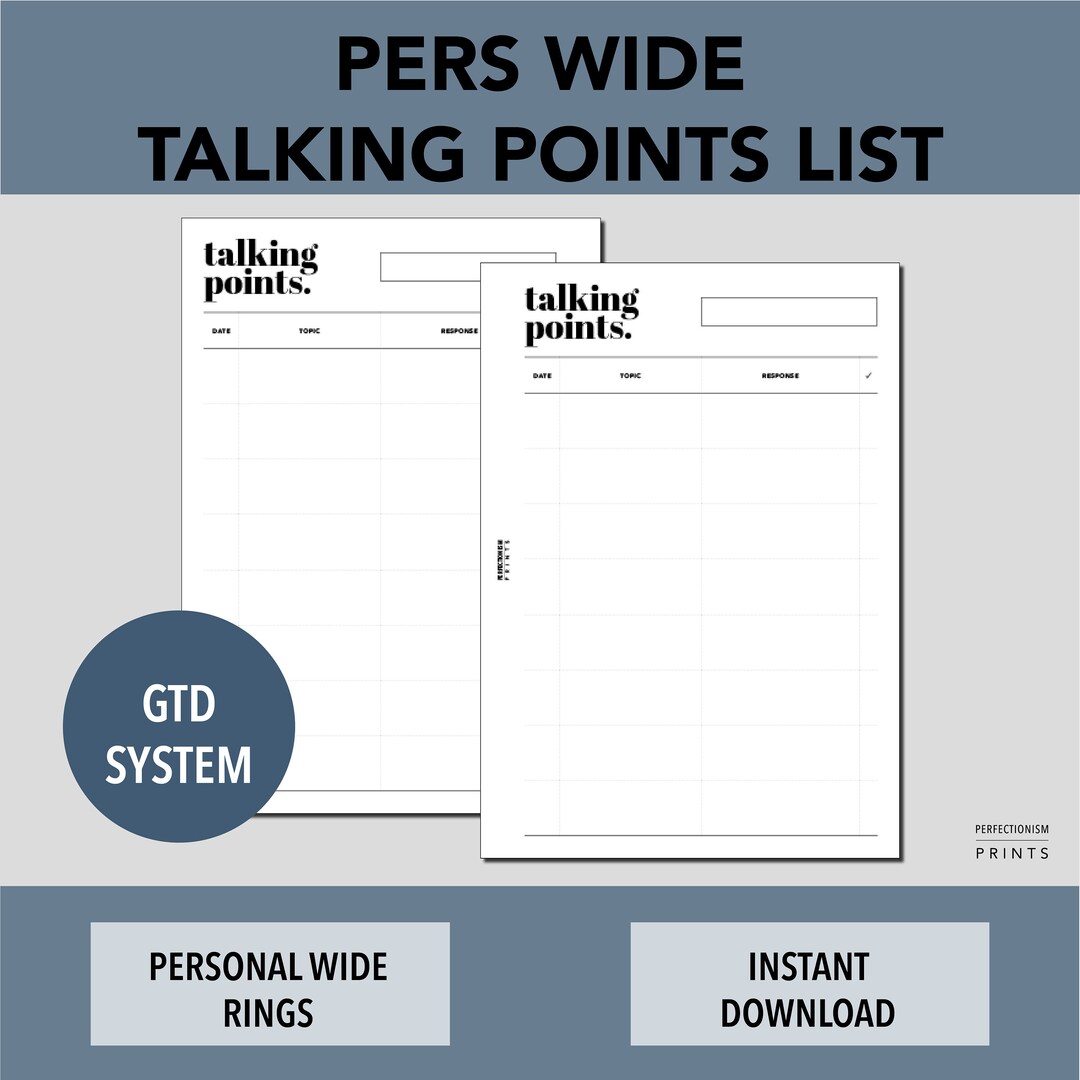 Personal WIDE Talking Points List, PRINTABLE Planner Insert, GTD ...