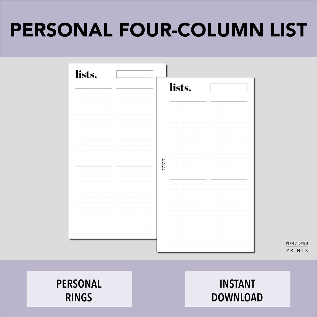 PERSONAL RINGS Four Column List, PRINTABLE Planner Insert, to Do List ...