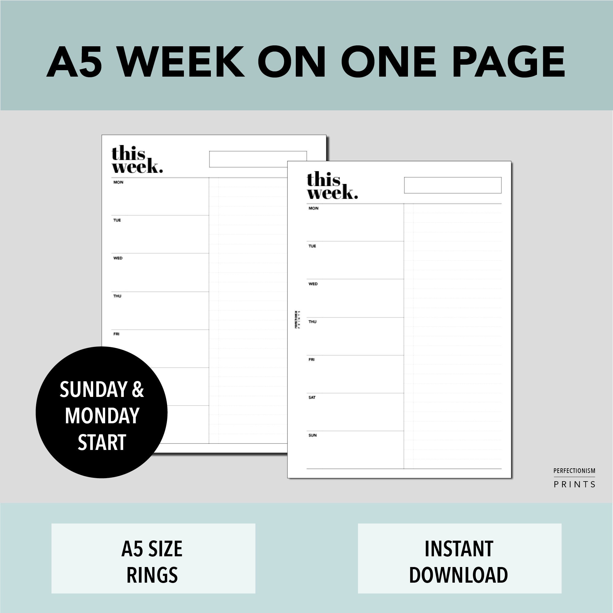 A5 RINGS Week on One Page PRINTABLE Planner Insert WO1P - Etsy
