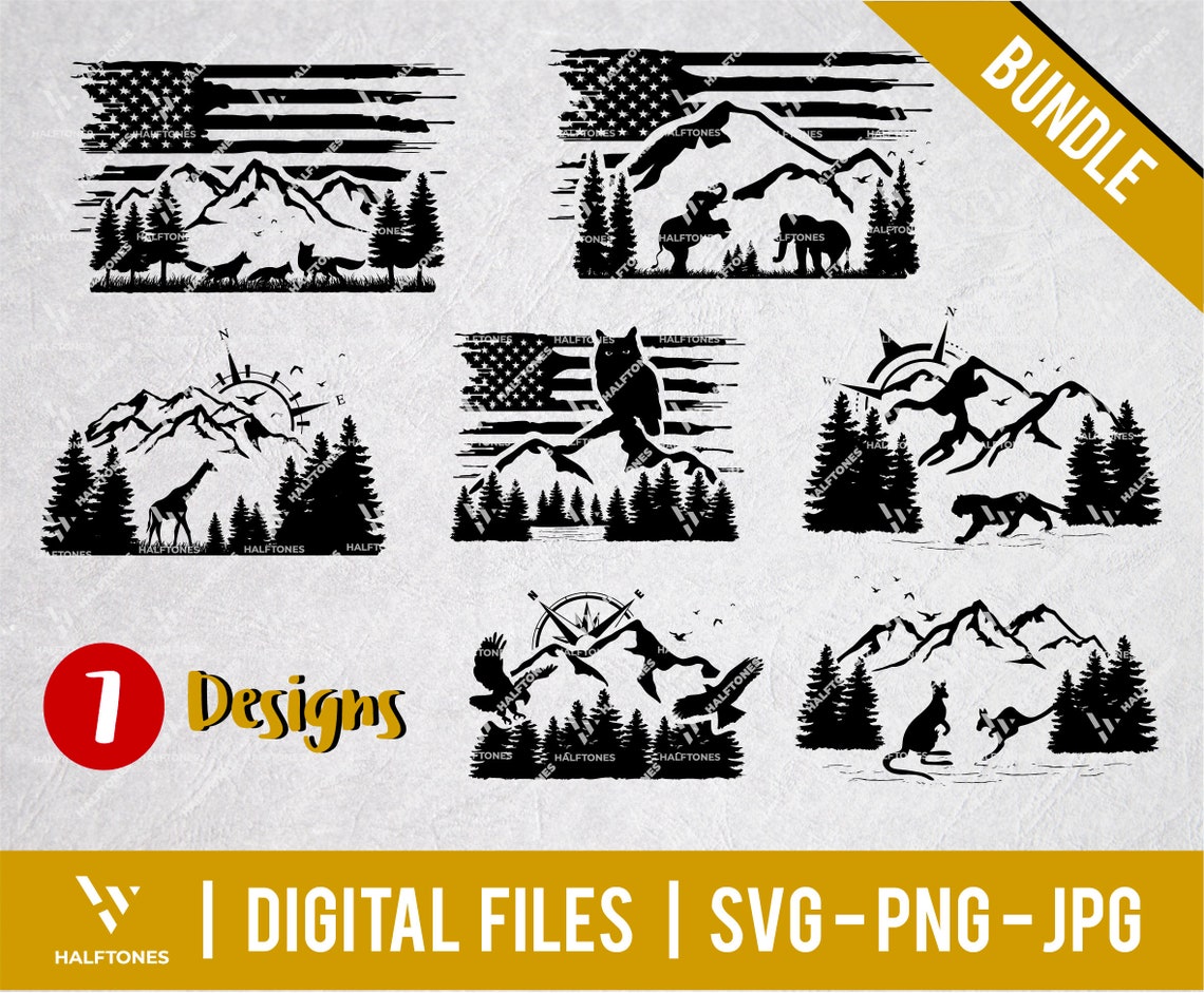 Mountain Scene Svg, Distressed USA Flag Svg, Wildlife Forest Scene Svg ...