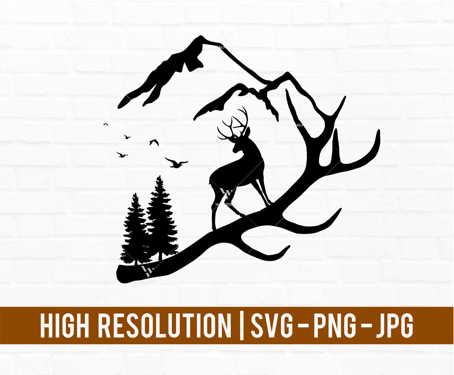 Deer Antler Scene SVG, Wildlife Svg Cut File, Hunting Mountain and Tree ...