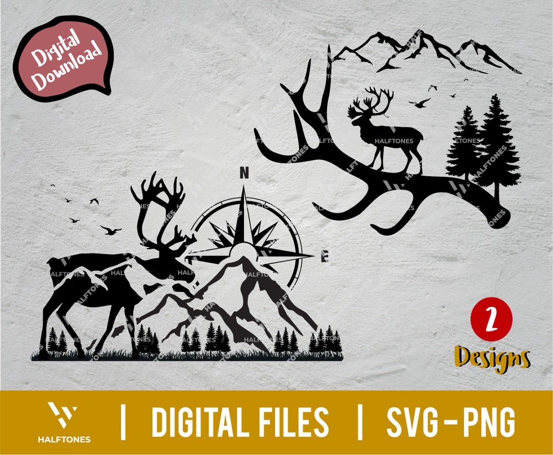 Caribou Deer Antler Scene SVG, Wildlife Cut File, Hunting Mountain and ...
