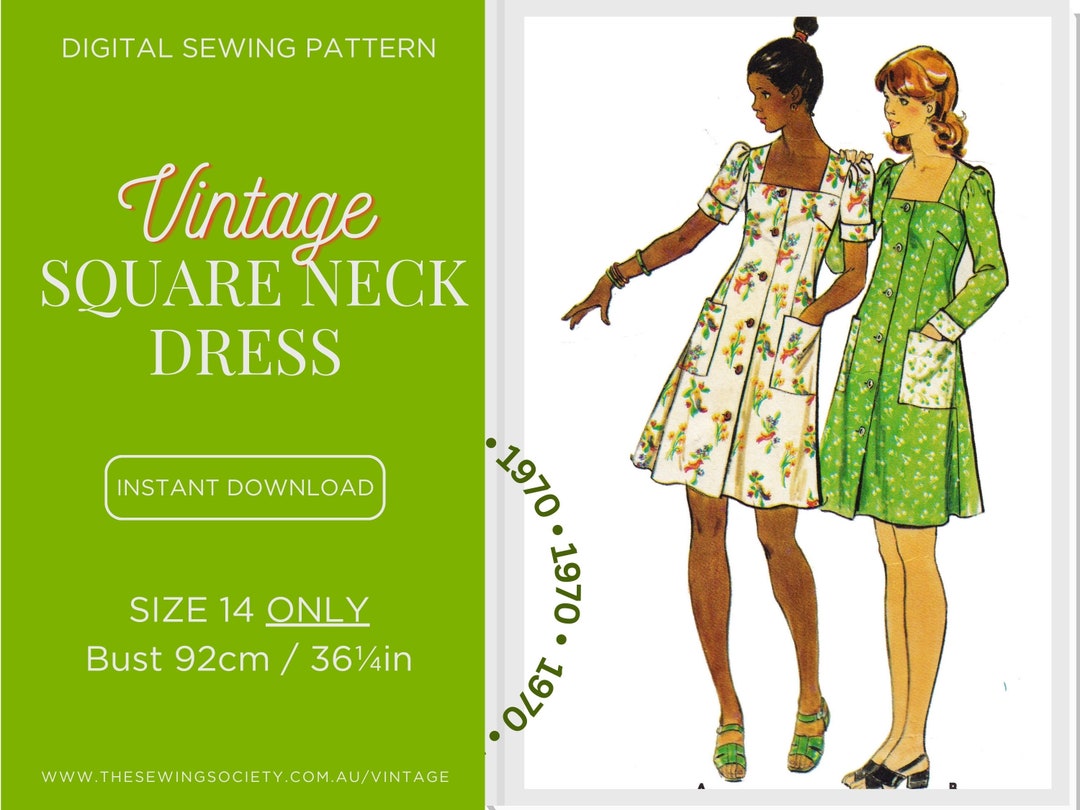 1970s Square Neck Sundress Sewing Pattern - Size 14 (PDF Digital ...