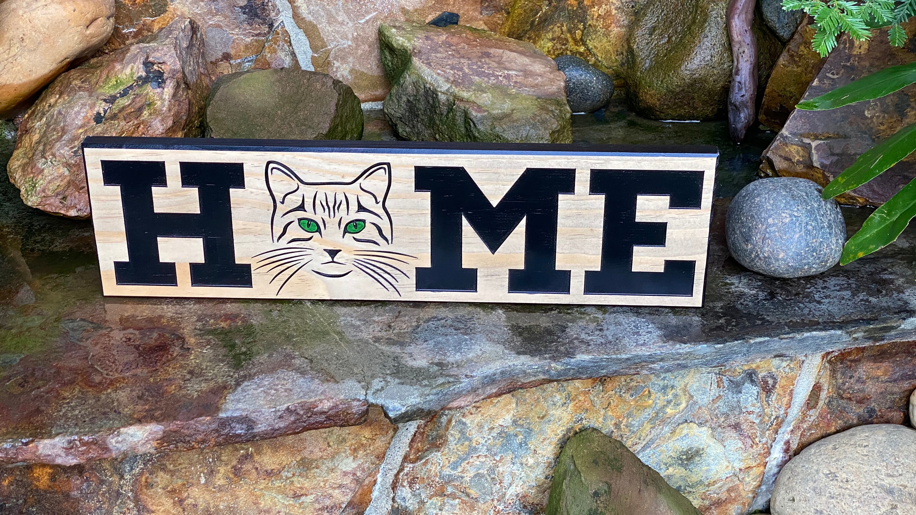 Custom Carved HOME Cat Face Kitty Wood Sign | Etsy