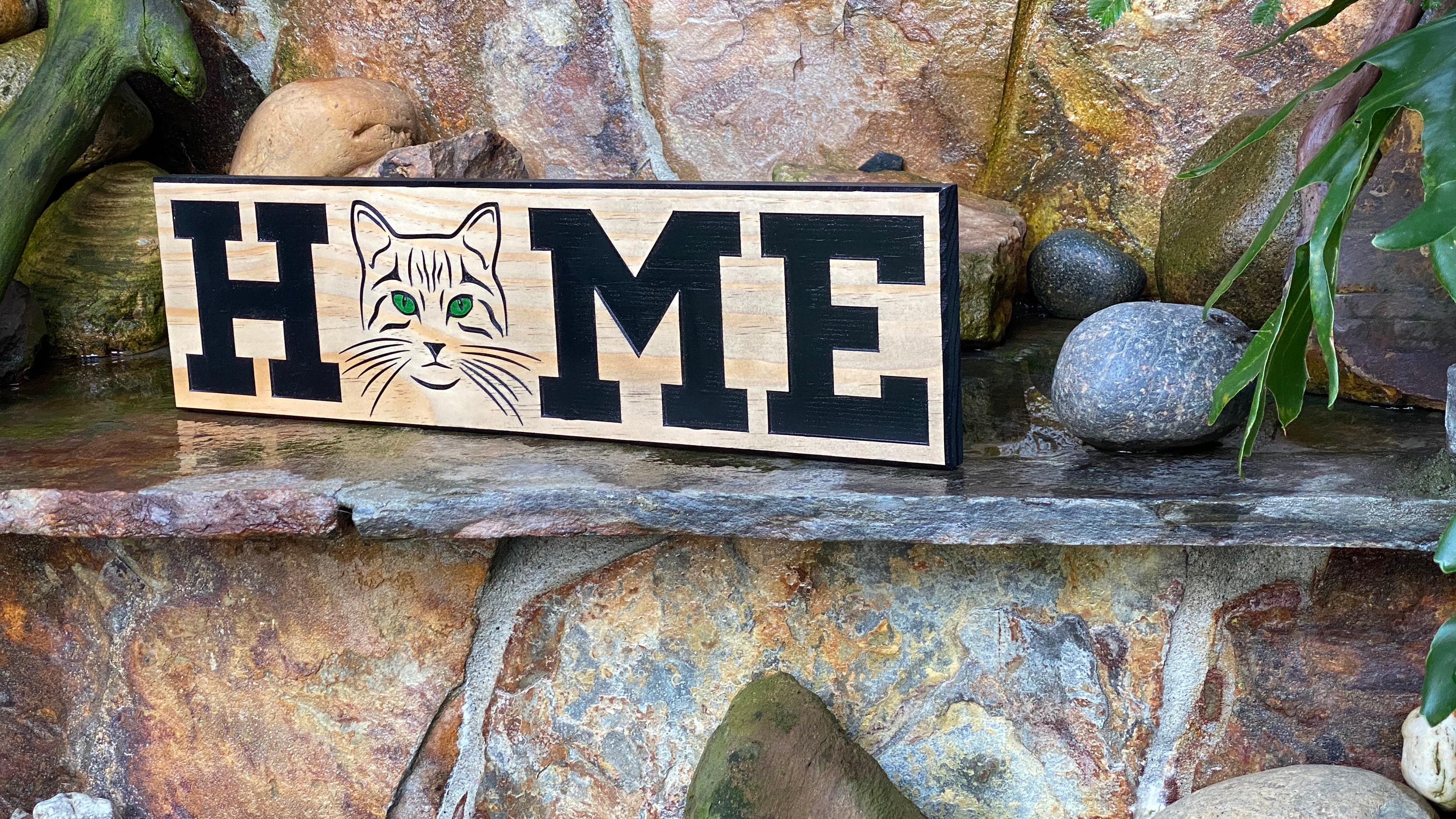 Custom Carved HOME Cat Face Kitty Wood Sign | Etsy