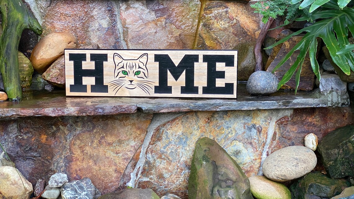 Custom Carved HOME Cat Face Kitty Wood Sign - Etsy