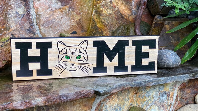 Custom Carved HOME Cat Face Kitty Wood Sign - Etsy