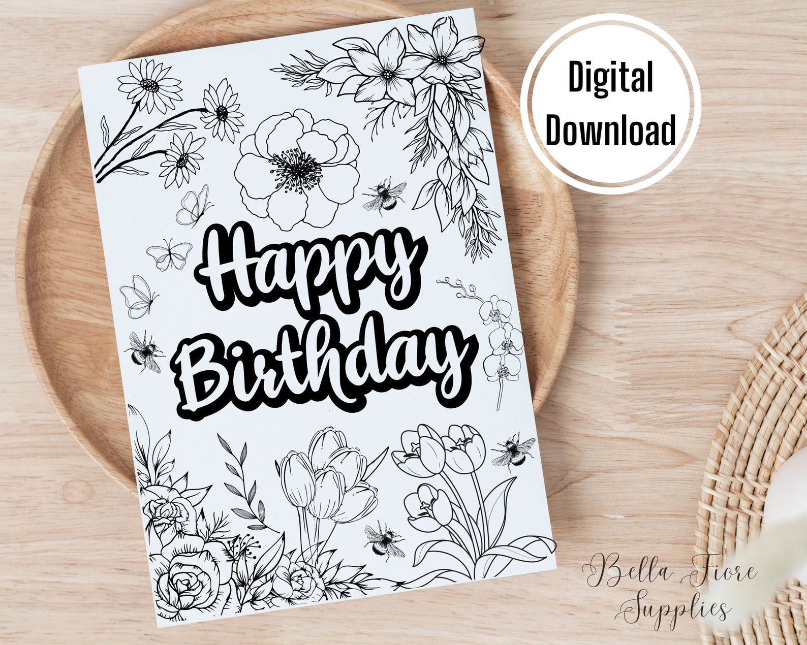 Flower Happy Birthday Coloring Card, Printable Blank Card (digital ...