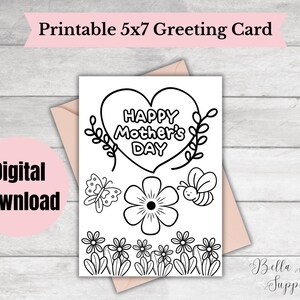 Coloring Happy Mother's Day Card, Printable Floral Card (digital ...