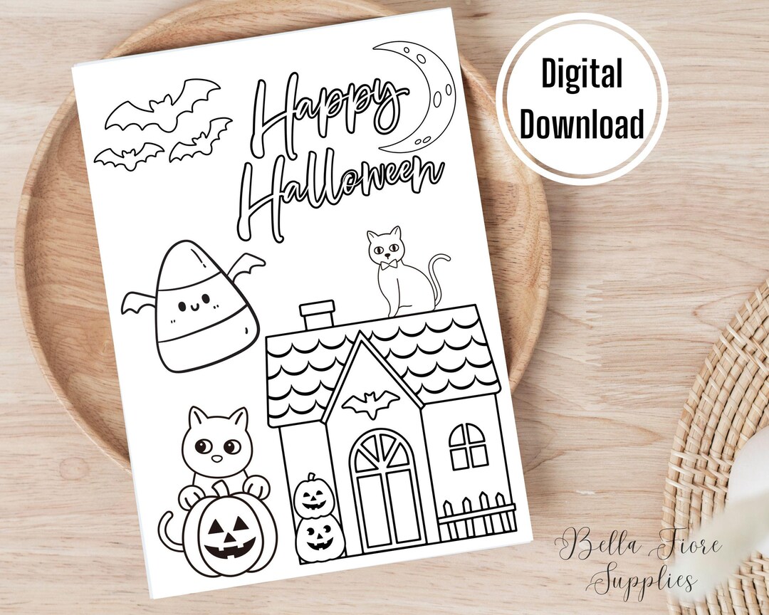 Halloween Coloring Card, Kids Printable Ghost, Cat (digital Download ...