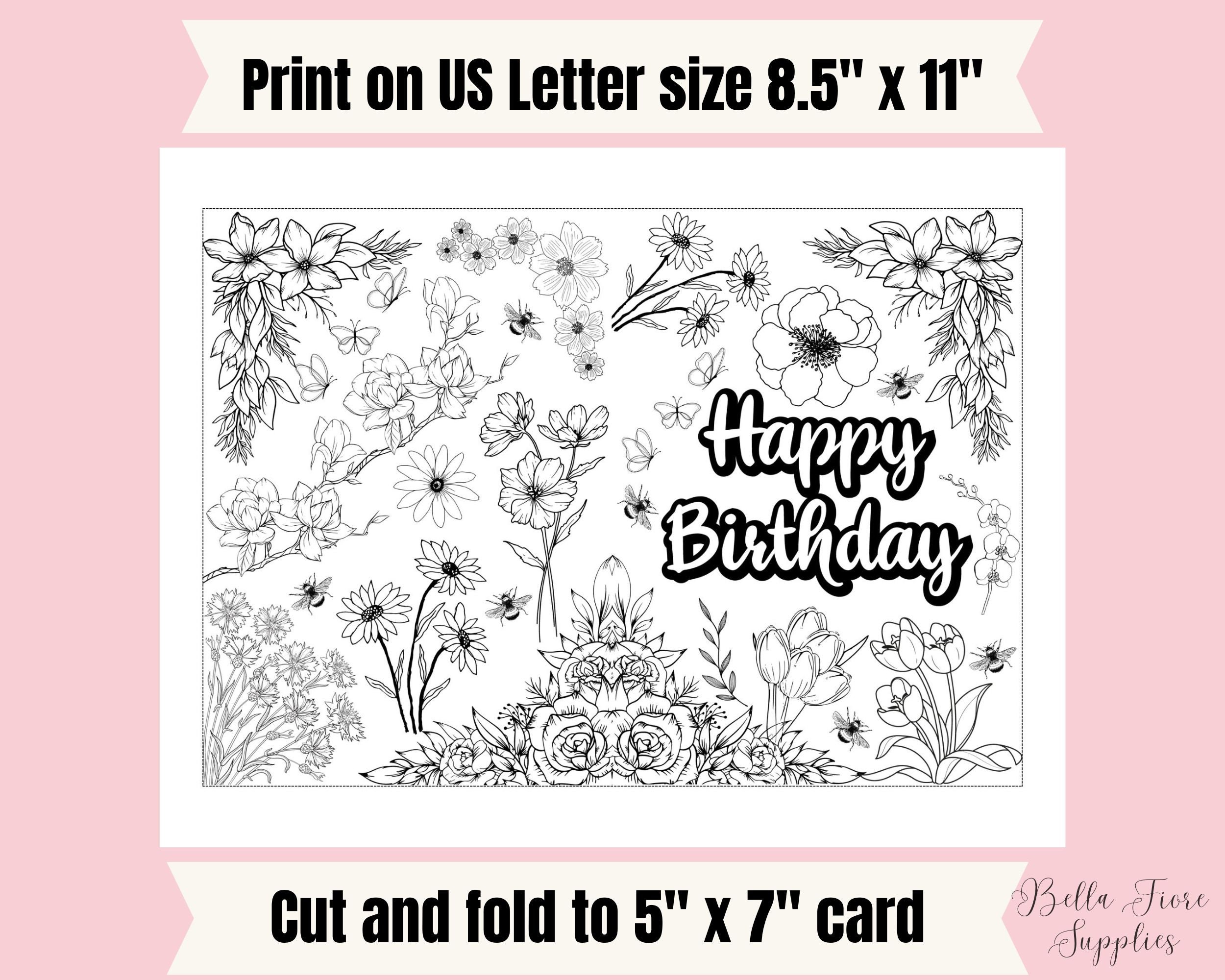 Flower Happy Birthday Coloring Card, Printable Blank Card (digital ...