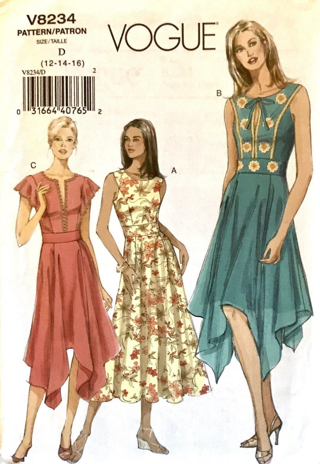 Vogue 8234 Sleeveless Lined Dress Pattern in 3 Variations in Sizes 12 ...