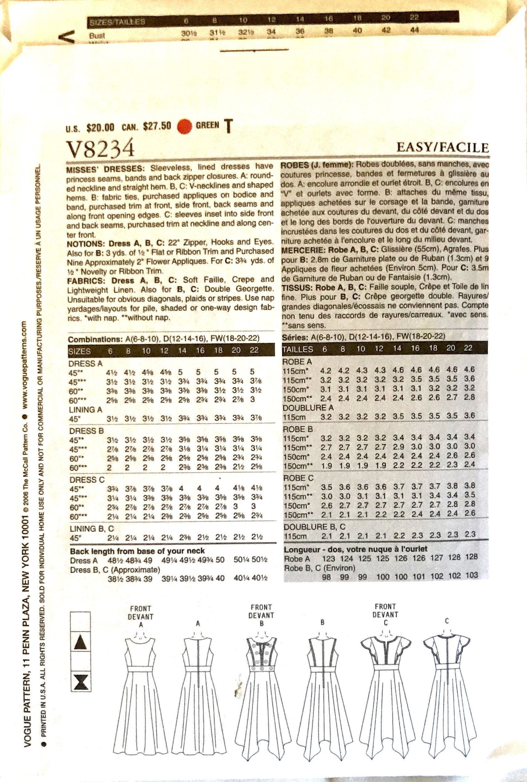 Vogue 8234 Sleeveless Lined Dress Pattern in 3 Variations in Sizes 12 ...