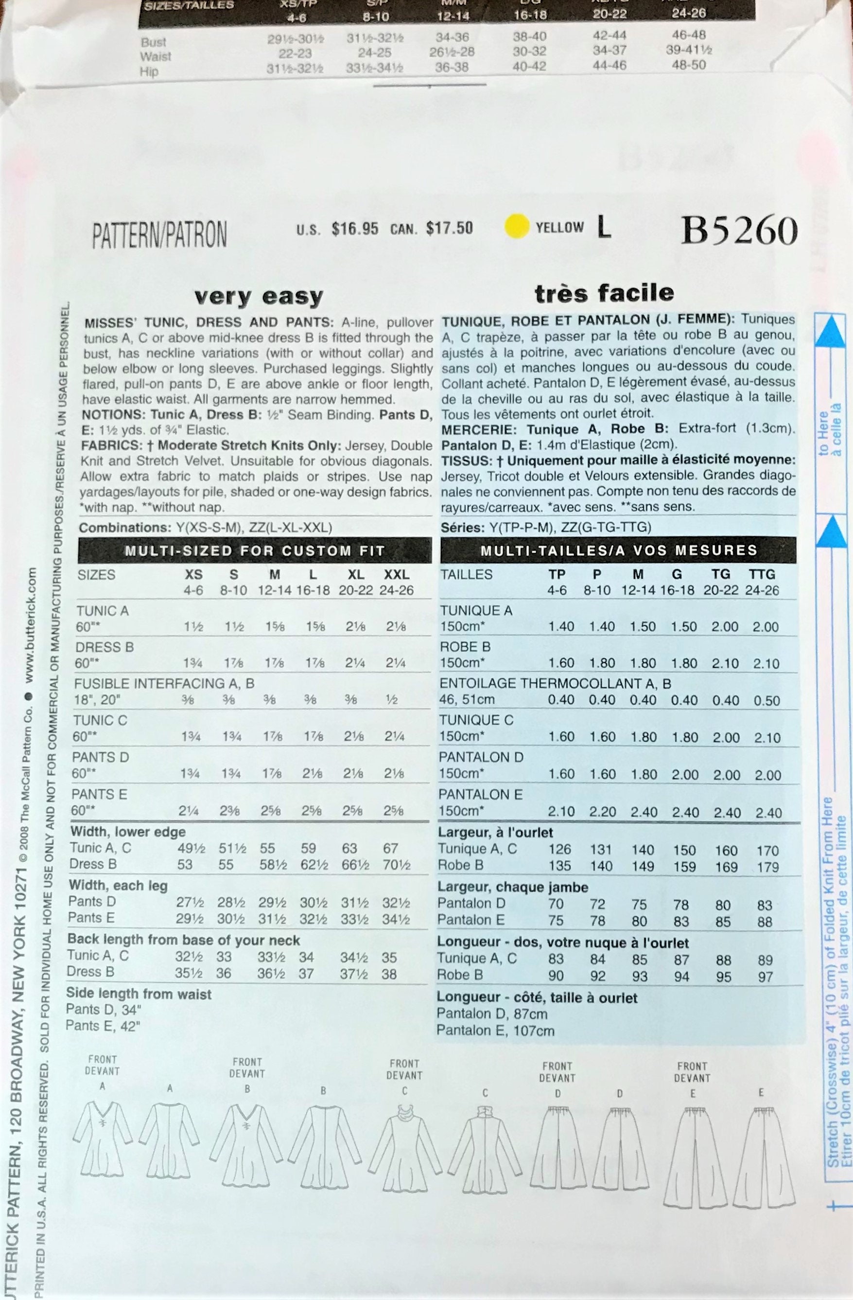 Butterick 5260 Very Easy Knit Tunic, Dress, and Pants Sewing Pattern in ...