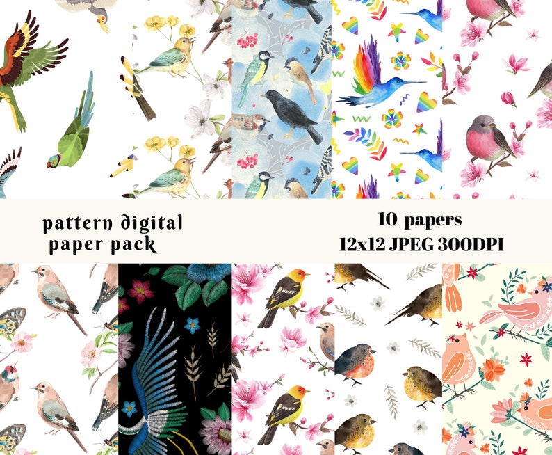 Birds Pattern Digital ,10 Papers Pack, Birds Patterns ,birds Scrapbook ...