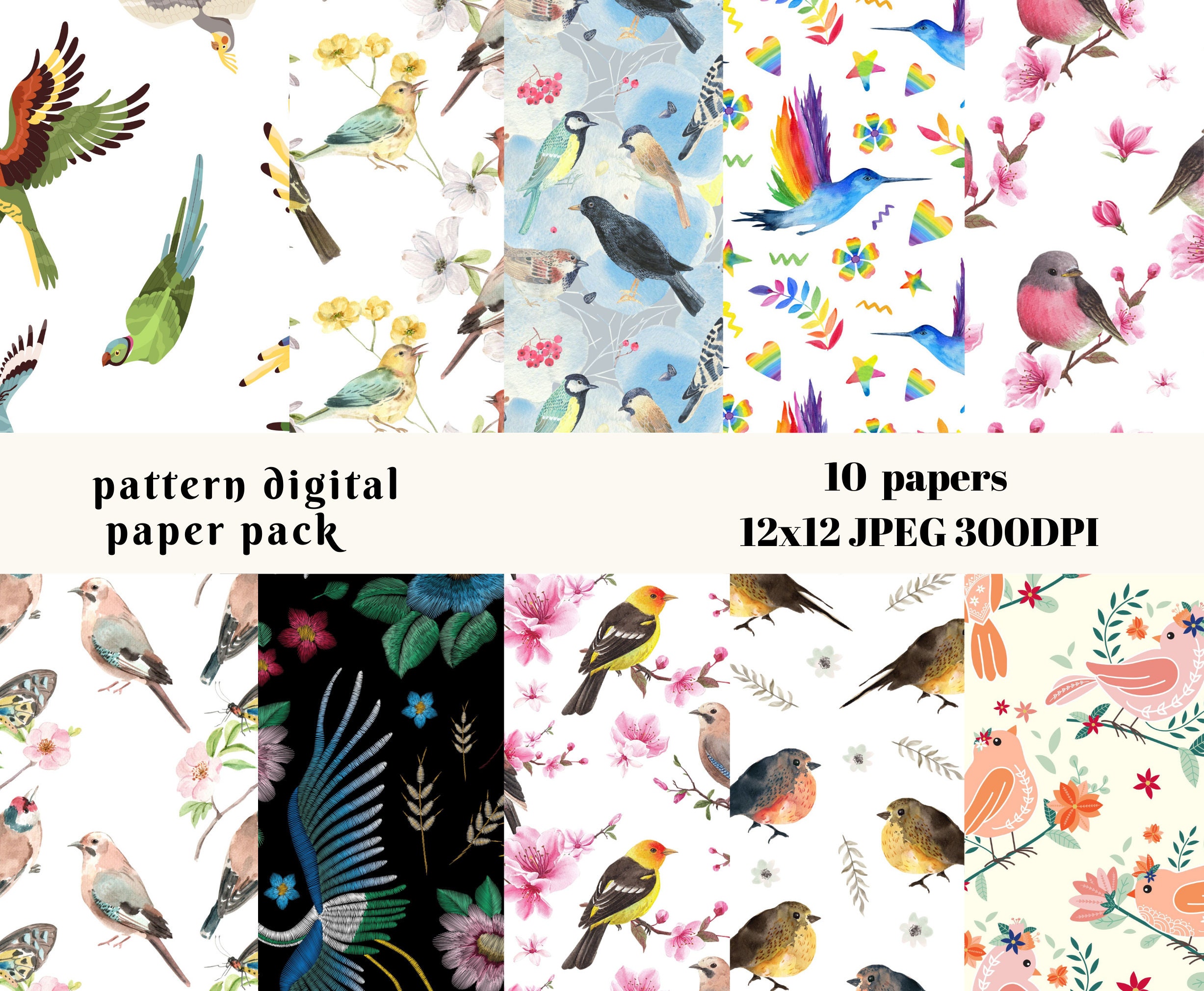 Birds Pattern Digital ,10 Papers Pack, Birds Patterns ,birds Scrapbook ...