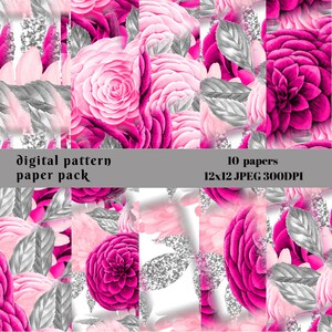 Silver ,pink ,flowers 10 Paper Pack Digital, Paper Pack ,12X12 ...