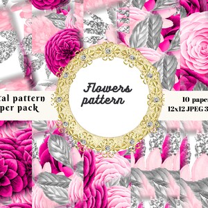 Silver ,pink ,flowers 10 Paper Pack Digital, Paper Pack ,12X12 ...