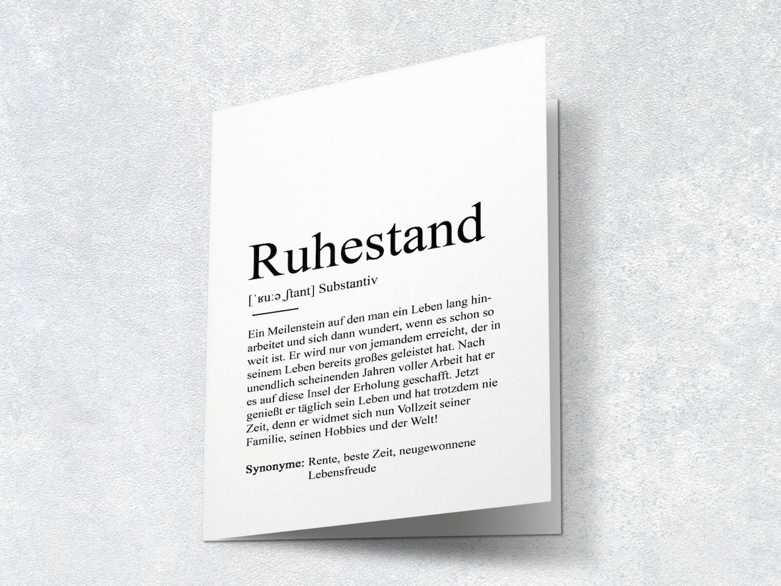 KARTE "RUHESTAND" | Definition Rente Geschenk Rentner Arbeitskollegen ...