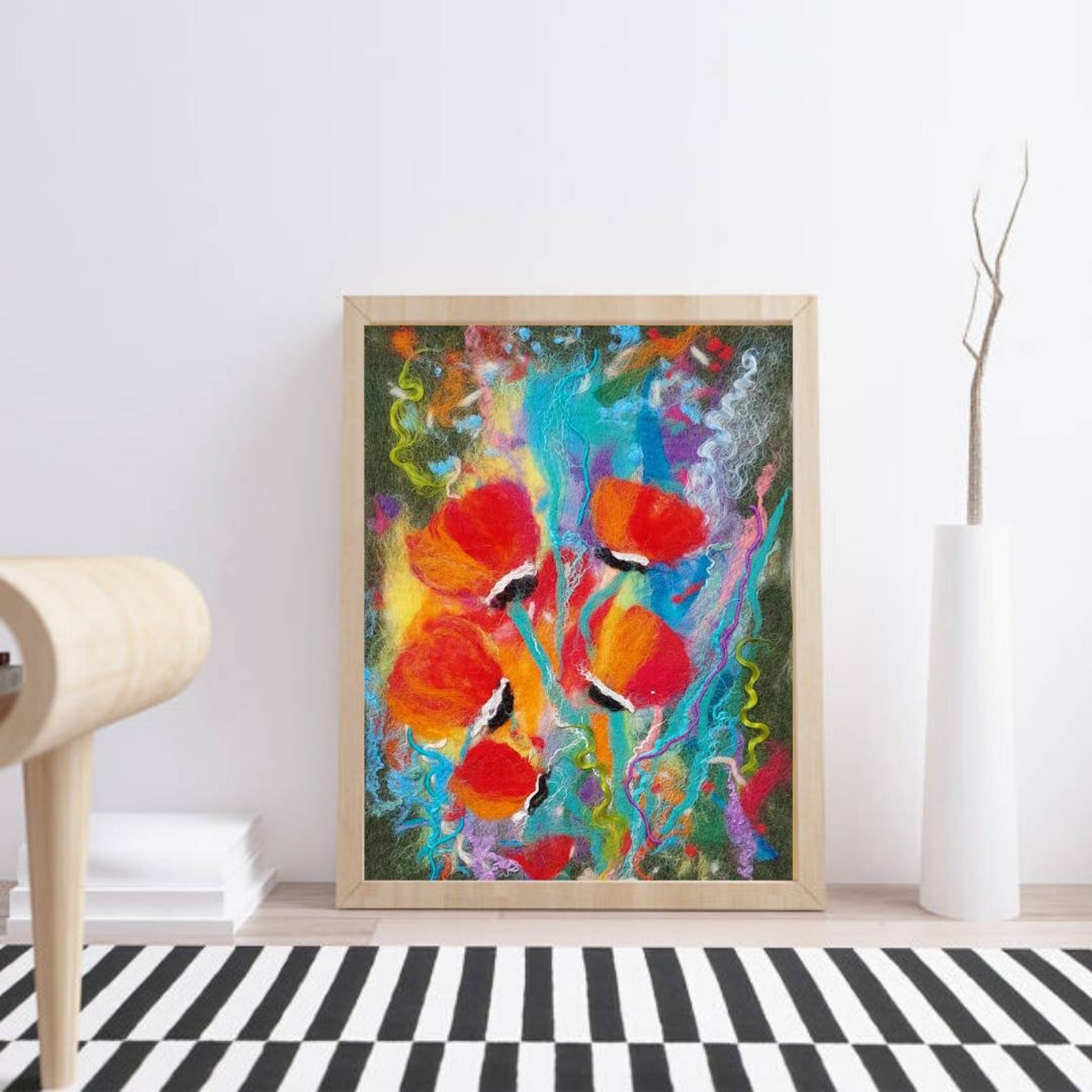 Red Poppy Original Abstract Wet Felted Wool Painting, Botanical ...