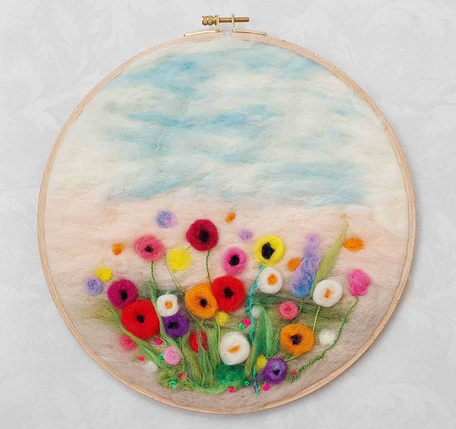 Wild Flowers Wool Painting Landscape Needle Felted Hoop Art, Botanical ...
