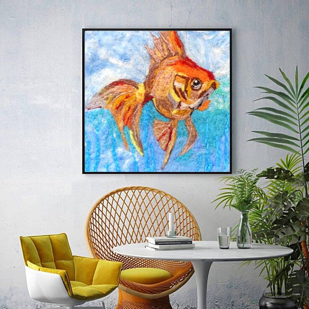 Abstract Gold Fish Wool Painting, Needle Felted Wall Art, Textile Art ...