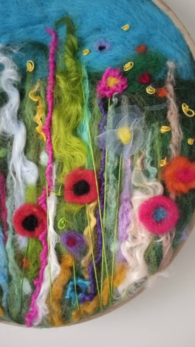 Colorful Flowers Needle Felted Wool Painting Hoop Art, Textile Wall Art ...