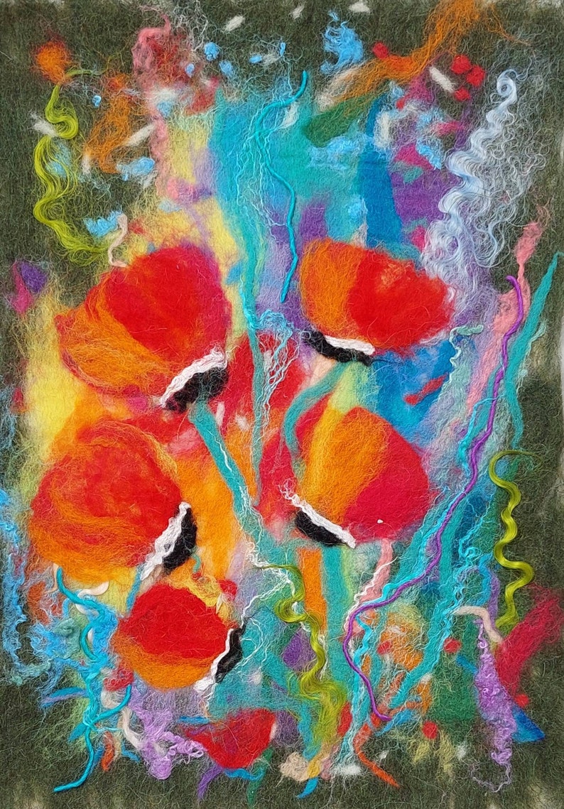 Red Poppy Original Abstract Wet Felted Wool Painting - Etsy