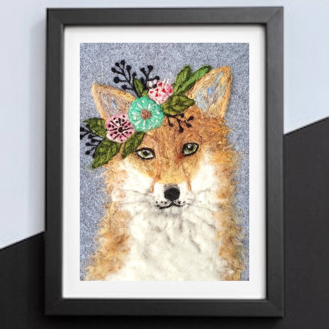 Needle Felted Fox Wool Painting: Floral Crown, Kids Room Decor - Etsy