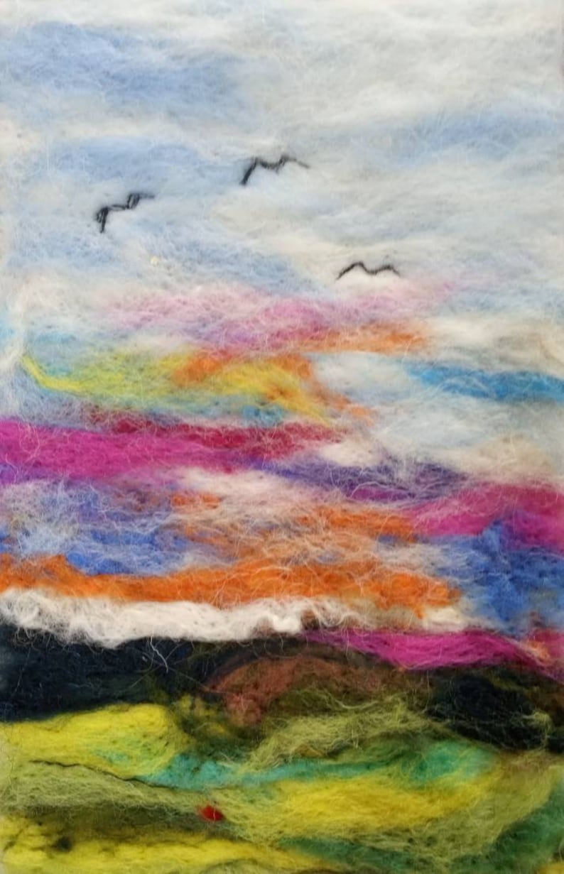 Poppys Wool Painting Abstract Felt Art Green Fields Wool - Etsy