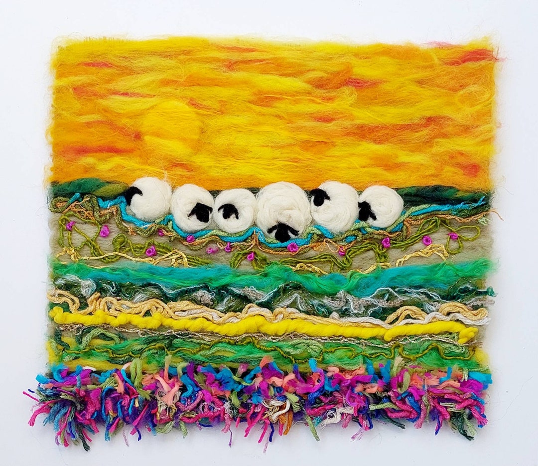 Abstract Orange Landscape With Sheep Wool Painting, Textile Wall Art ...