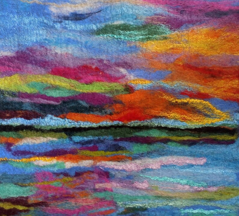 Orange Sunset Wool Painting Abstract Felt Art Wet Felted | Etsy