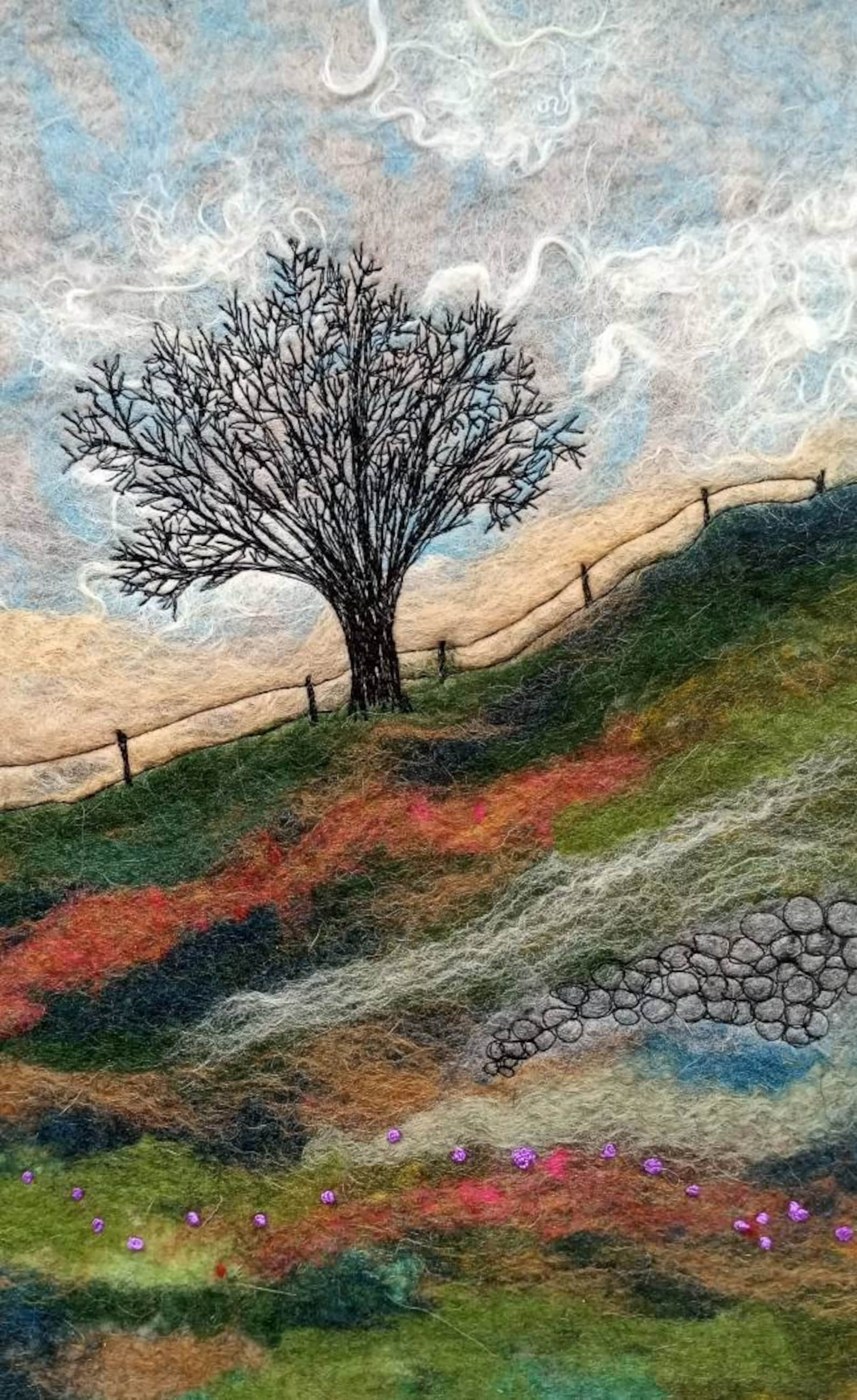 Tree and Green Hill Landscape Wool Painting Nature Felt Wall | Etsy