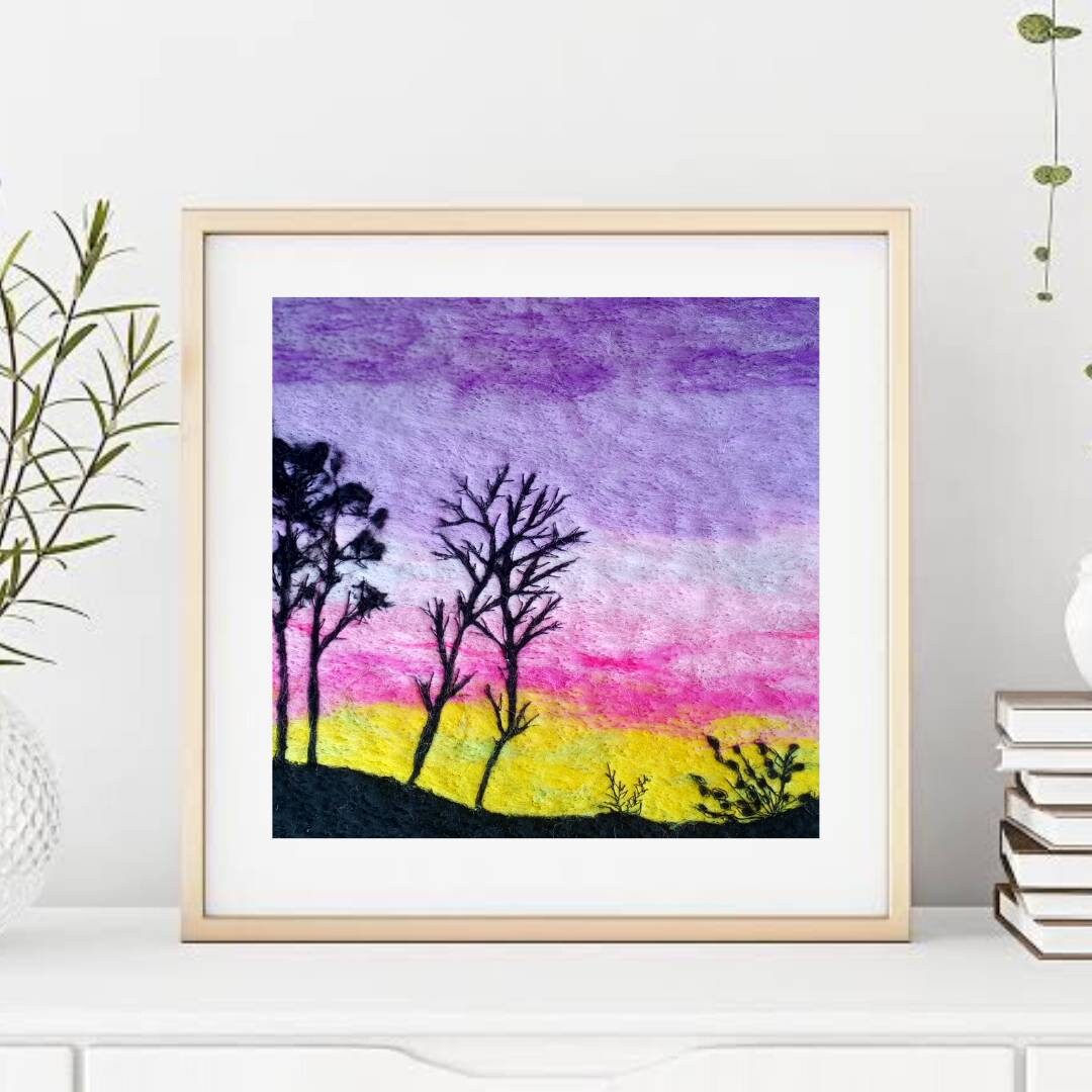 Desert Sunset Felted Art, Embroidered Wool Painting, - Etsy