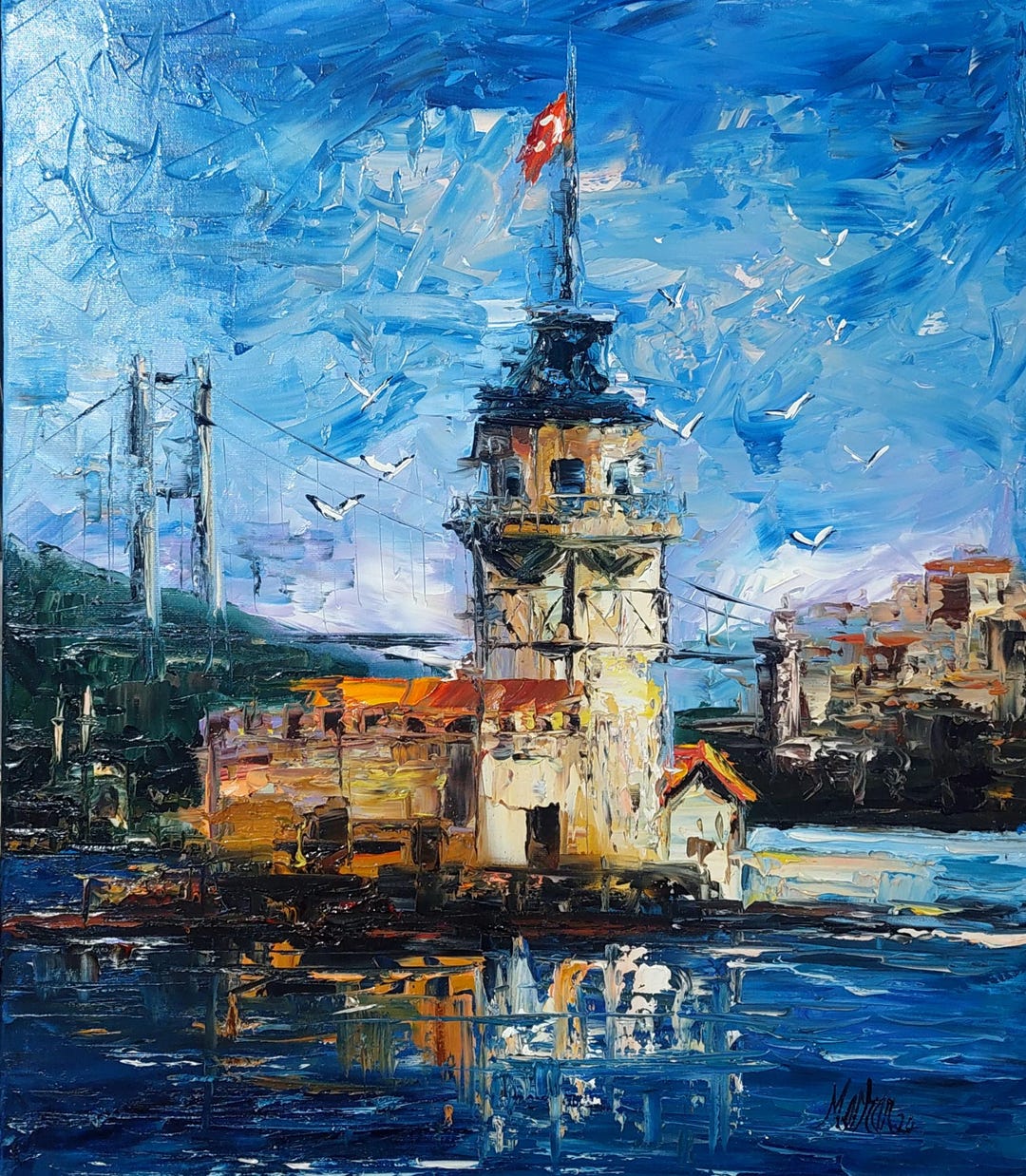 Turkish Art Gift, Istanbul Original Oil Painting, Maiden Tower Wall Art ...