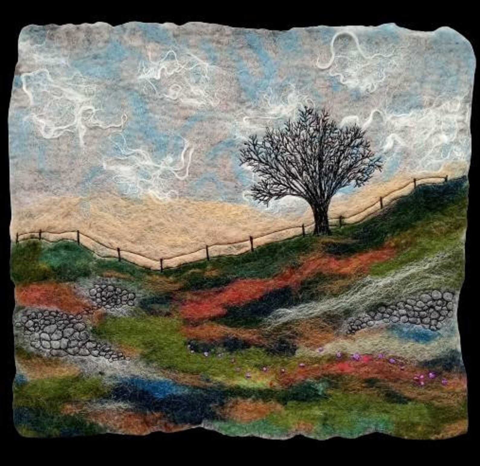 Tree and Green Hill Landscape Wool Painting Nature Felt Wall | Etsy